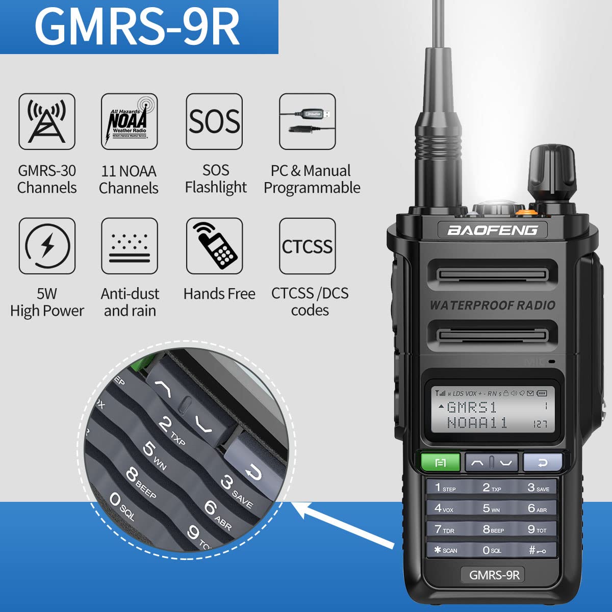 Baofeng GMRS-9R GMRS Radio Waterproof IP67 Two Way Radios Rechargeable Walkie Talkies Long Range NOAA Weather Alerts Scan With extra Battery,Programming Cable,Tactical Antenna,Speaker Mic,Tactical Bag