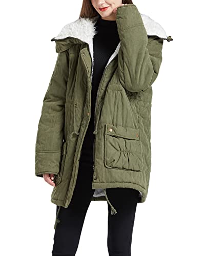 MEWOW Women's Winter Mid Length Thick Warm Faux Lamb Wool Lined Jacket Coat (M, ArmyGreen)