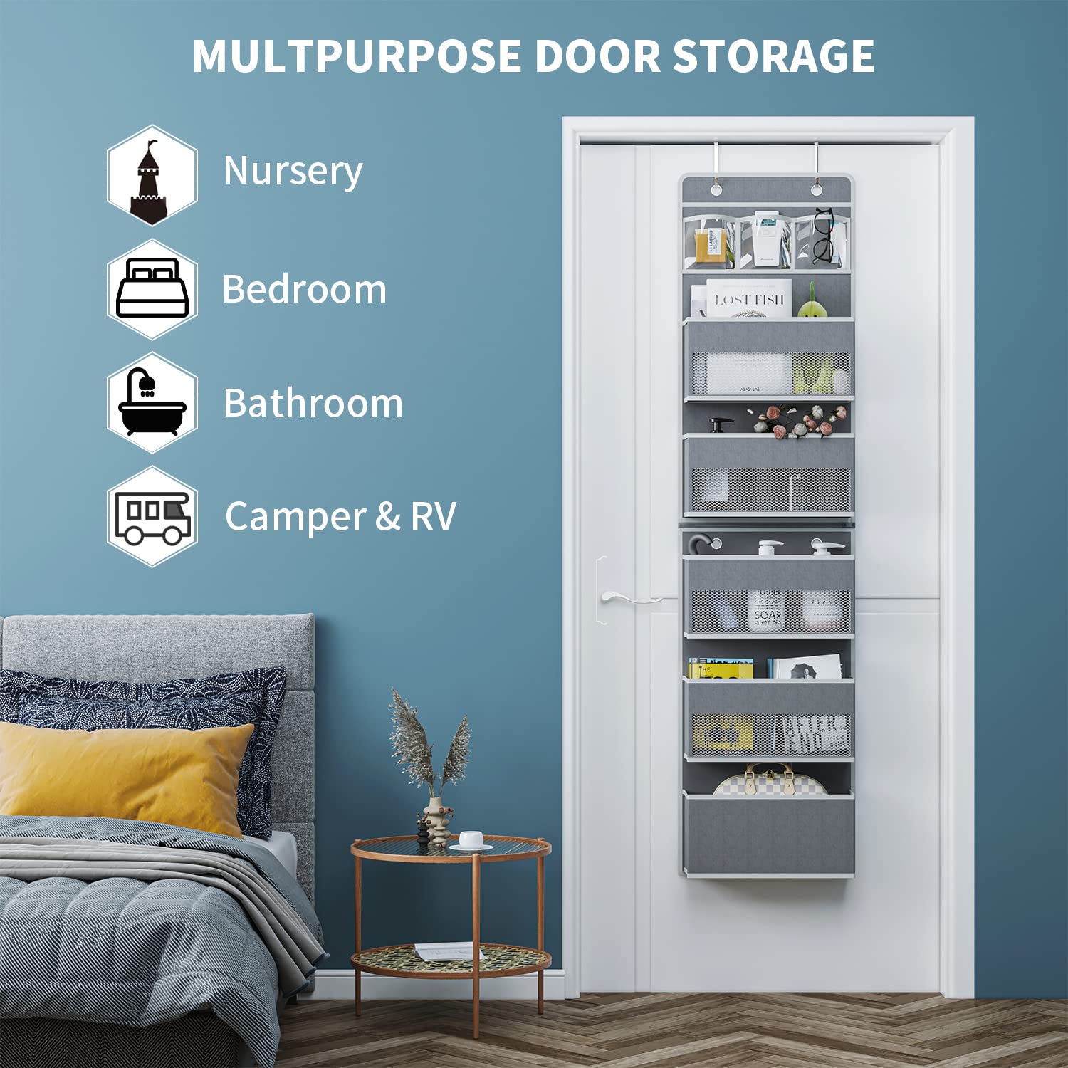Bedor 1 Pack 6-Shelf Over The Door Hanging Organizer, Hanging Storage with Clear Plastic Pockets, Large Capacity Door Organizer for Closet, Bedroom, Nursery, Bathroom and Sundries