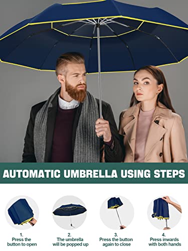 Kalolary Extra Large Golf Umbrella Automatic Open Folding Umbrella Windproof Compact Large Double Canopy Umbrella Travel Folding Umbrella Strong Oversized Rain Umbrellas for Home Family Use (Blue)