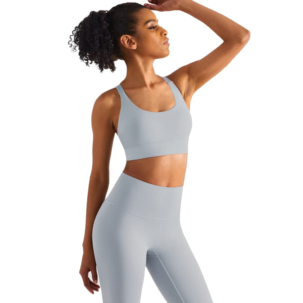 BraRoom Women's Back Closure Cross Back Sports Bra Longline Built-in Padded Medium Impact for Yoga Gym Running Workout