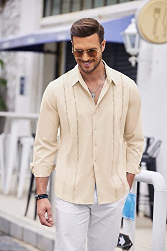 COOFANDY Men's Linen Shirts Casual Cuban Guayabera Shirt Long Sleeve Beach Shirts Beige