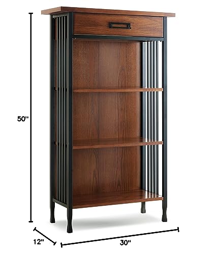 Leick Home 11262 Ironcraft Mantel Height Rustic Bookcase with Drawer Storage, 12" D x 30" W x 50" H, Mission oak/matte black