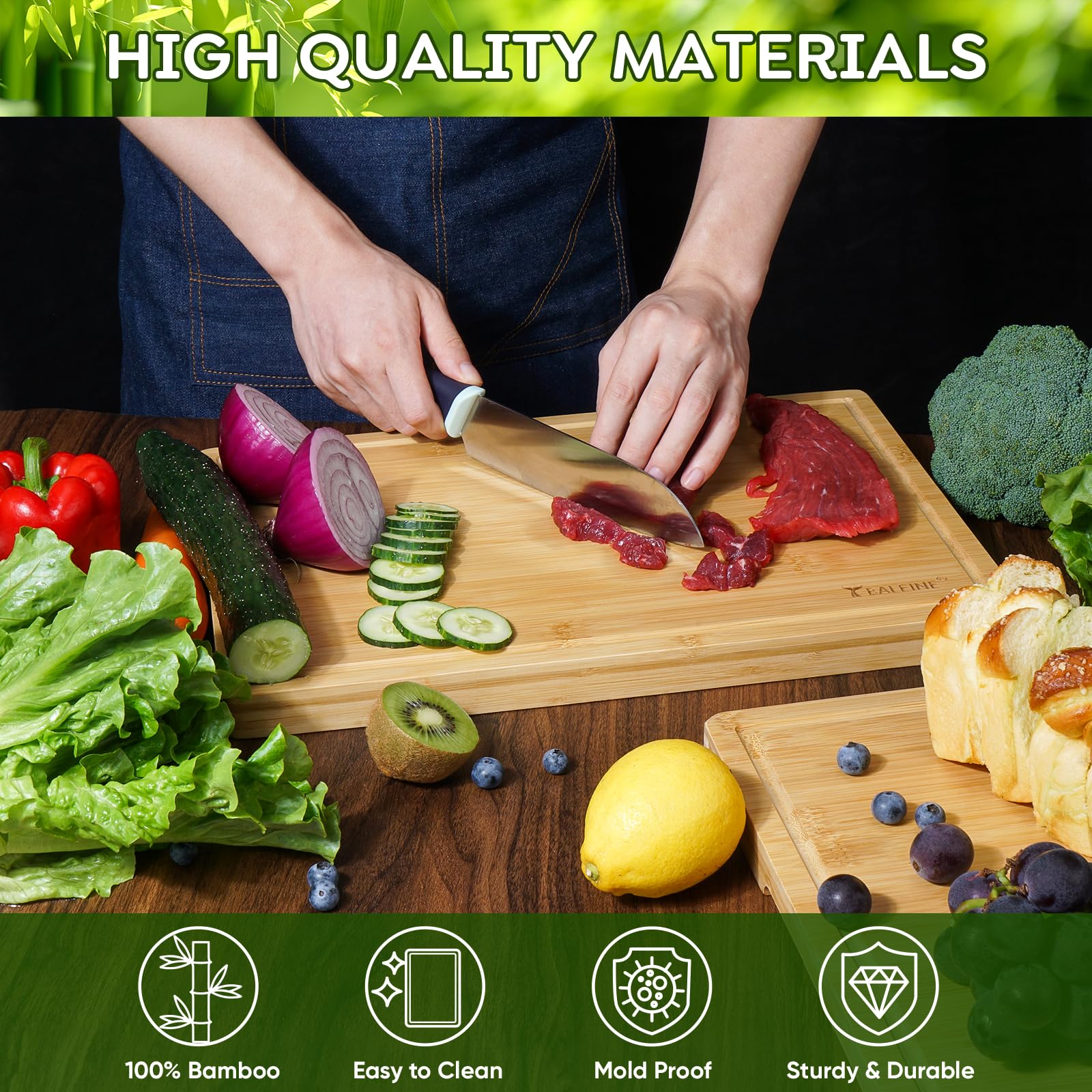 BALEINE Large Bamboo Cutting Board, 1” Extra Thick Cutting Boards for Kitchen, Wood Cutting Board with Integrated Juice Grooves and Handles (16" x 11" x 1")