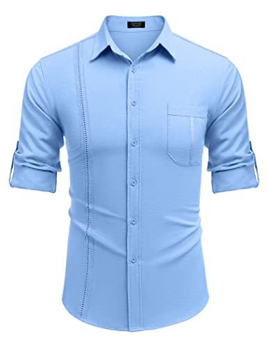 COOFANDY Mens Shirts Long Sleeve Cuban Camp Guayabera Shirt Linen Beach Button Down Shirts Light Blue
