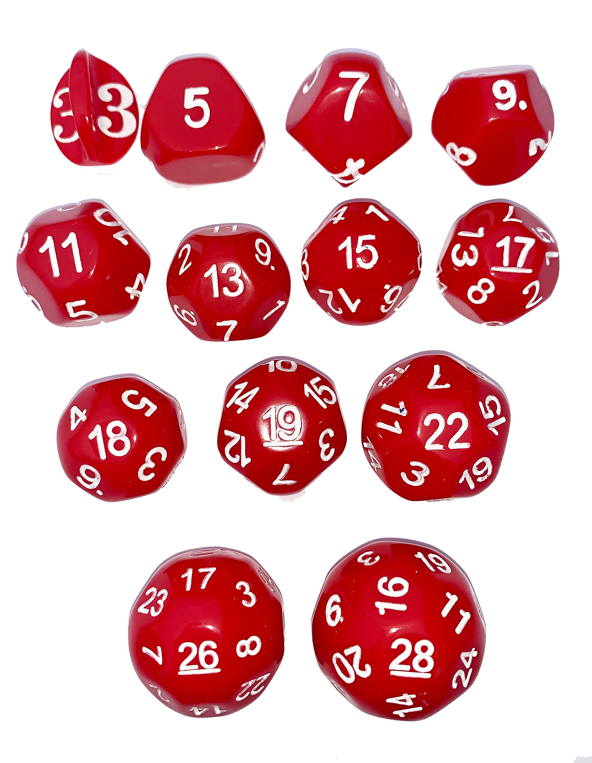 Impact! Miniatures Red - Weird RPG Poly Dice Set - D3, D5, D7, D9, D11, D13, D15, D17, D18, D19, D22, D26 & D28