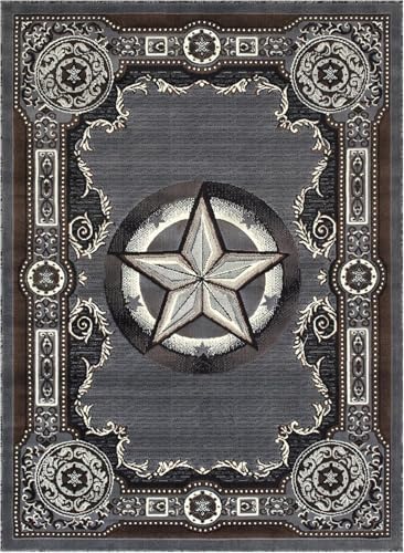 champion rugs Premium 3D Effect Hand Carved Thick Modern Cowboy Lodge Texas Star Grey Traditional Area Rug (5' 3" X 7' 5")
