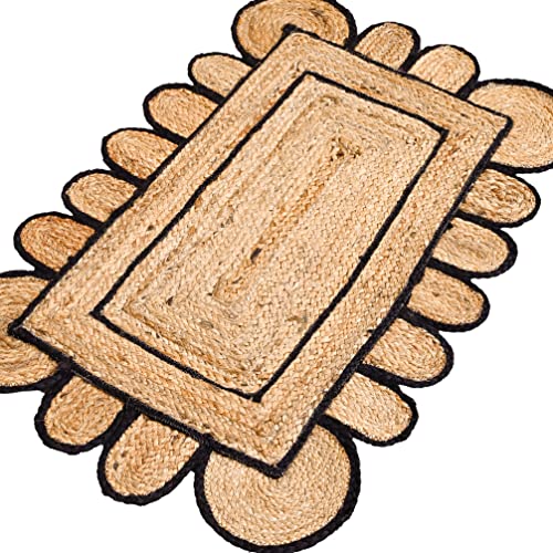 KLAVATE Scalloped Home Decor Braided Bohemian Jute Classic Quality Made Natural Hand Woven Area Rug (Black, 2x3 feet)