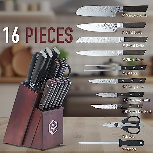 ECOMERR Kitchen Knife Set β 16 Piece German High Carbon Stainless Steel knife sets for kitchen with Block Wooden, Scissor and Knife Sharpener - Chef Knife Set & Rust proof