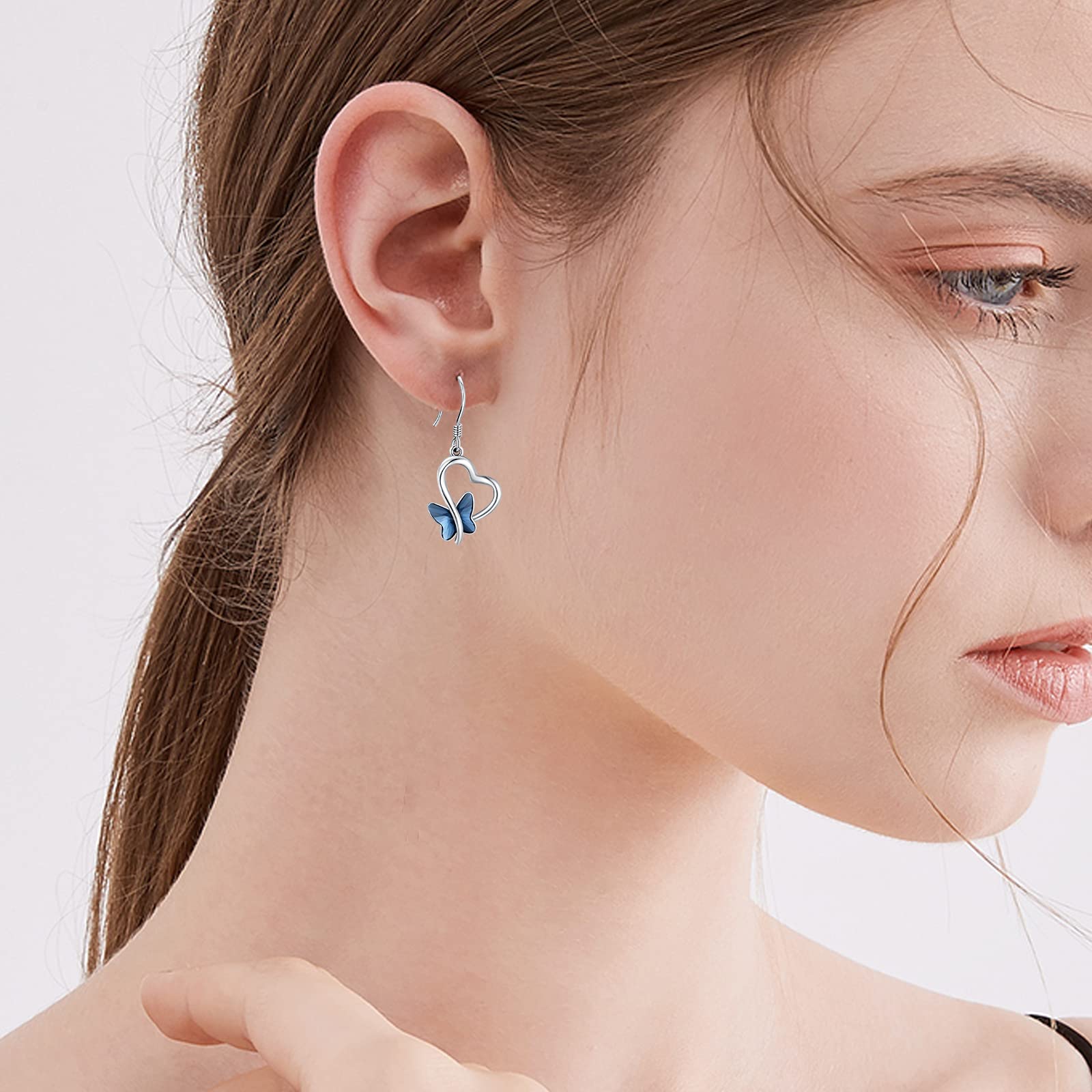 Butterfly Earrings 925 Sterling Silver Heart Butterfly Dangle Drop Earrings with Crystal Butterfly Jewelry Gifts for Women Girlfriends