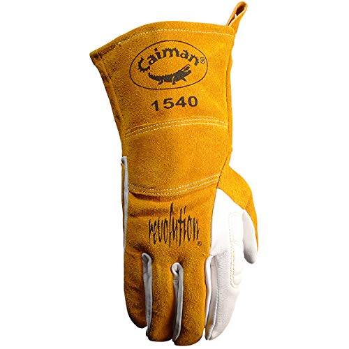 Caiman Premium Goat Grain TIG/Multi-task Welding Gloves, Split Cowhide Back, 4-inch Kontour Wrist Cuff, Unlined, Kevlar Sewn, White/Gold, Small (1540-3)