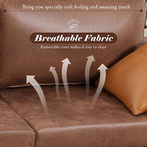 Esright Leather Sofa Couch, Faux Leather Couch 79" Wide, Mid Century Modern Couches for Living Room, Brown Leather Sofa Couch, Saddle Brown