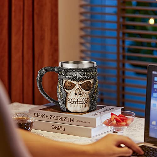 Coffee Mug, Stainless Steel Viking Warrior Skull Beer Mugs Resin Stein Tankard Drink Cup, Gift for Men Birthday,Skull Lover,Halloween & Bar Decor