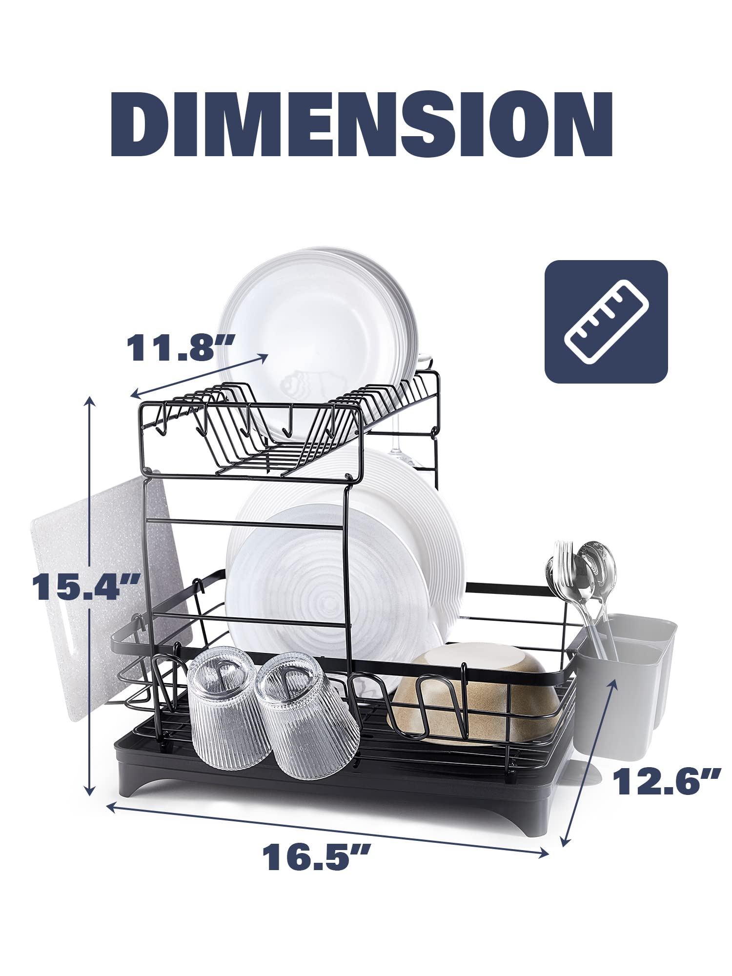 BRONYPRO Dish Drying Rack, 2 Tier Dish Drying Rack for Kitchen Counter, Extra Large Dish Strainer with Drainboard, Dish Organizer with Drying Board, Utensil Holder, Cup Rack, Black