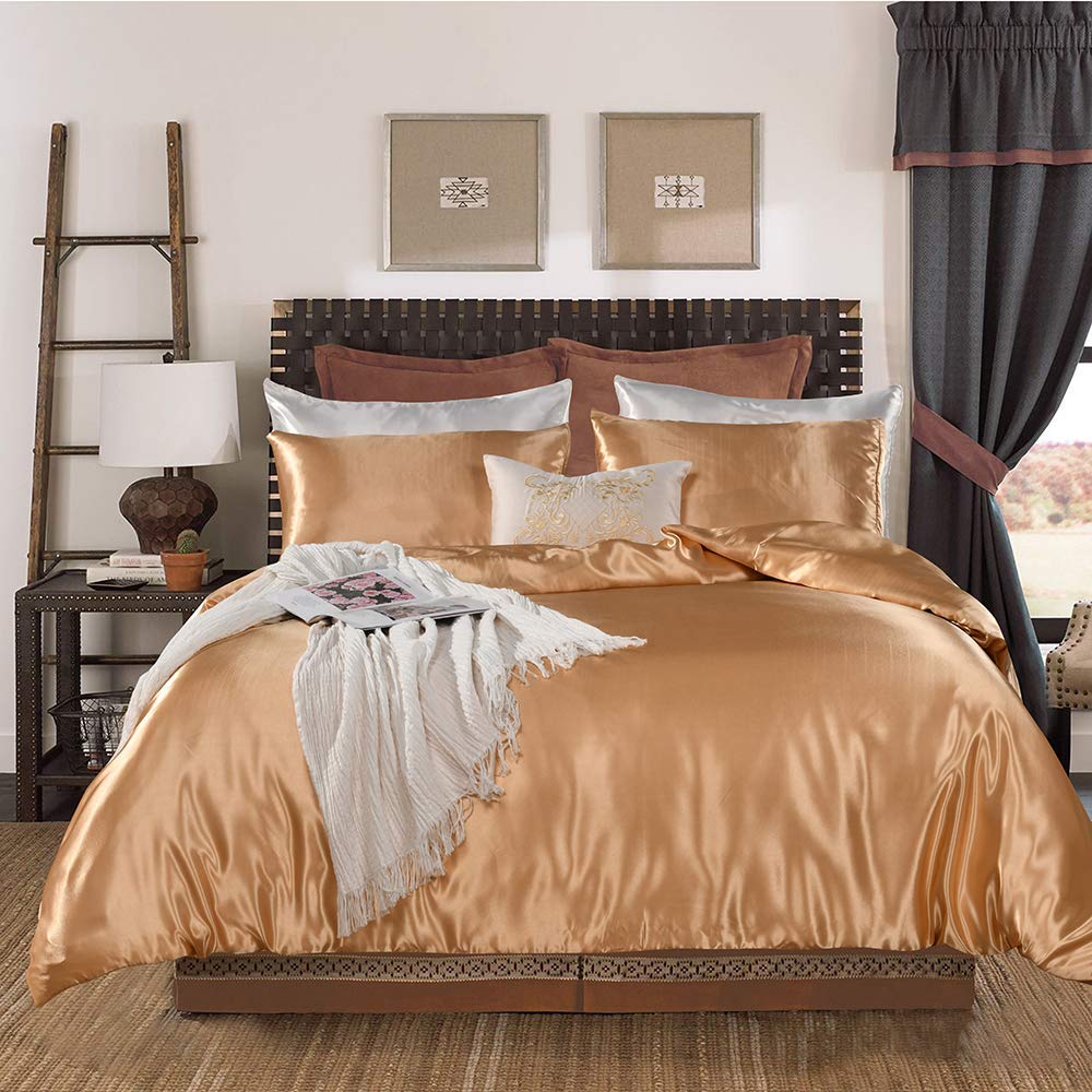 Duvet Cover 3 Piece Set - Ultra Soft Silky Satin Hotel Collection - 1 Comforter Cover with Zipper Closure and 2 Pillowcases - King/Cal King, Gold - Duvet Set