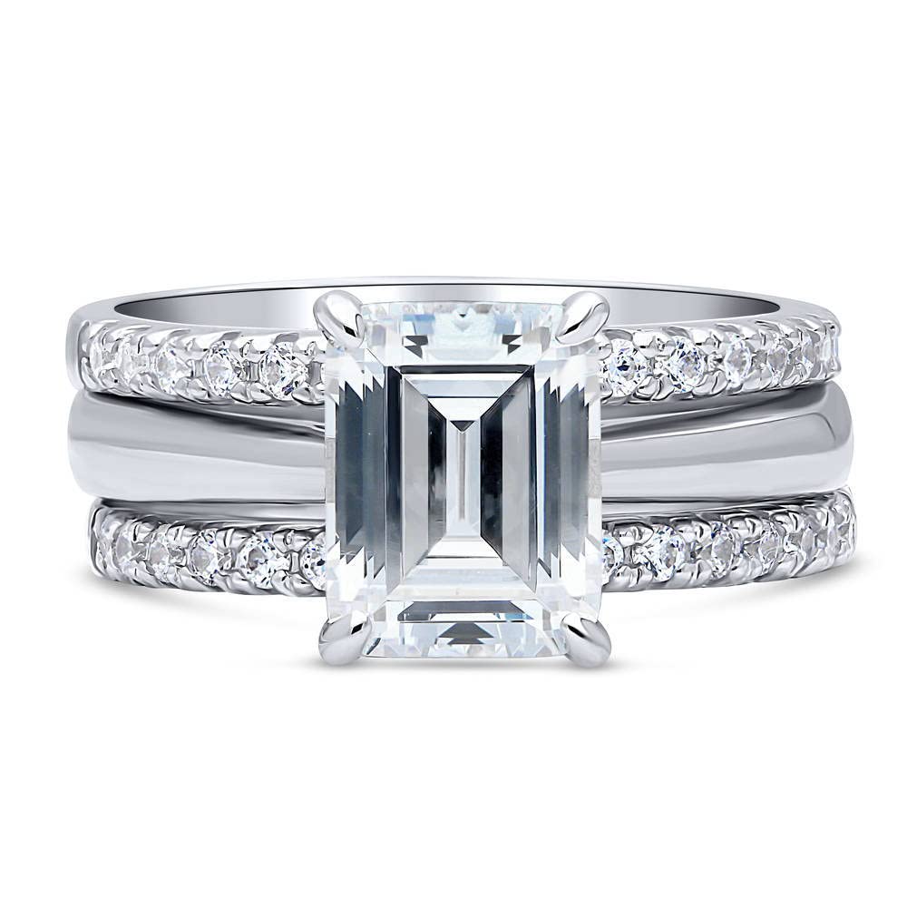 BERRICLE Sterling Silver Solitaire Wedding Engagement Rings 2.6 Carat Emerald Cut Cubic Zirconia CZ Ring Set for Women, Rhodium Plated Size 9