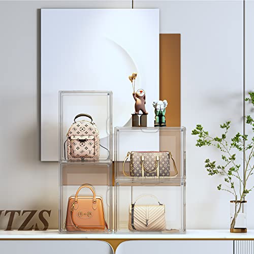 Clear Handbag Storage Organizer, 3 Packs Acrylic Display Case for Purse and Handbag Storage Organizer for Closet, Stackable Purse Display Boxes with Magnetic Door for Collectibles, Wallet, Toys…