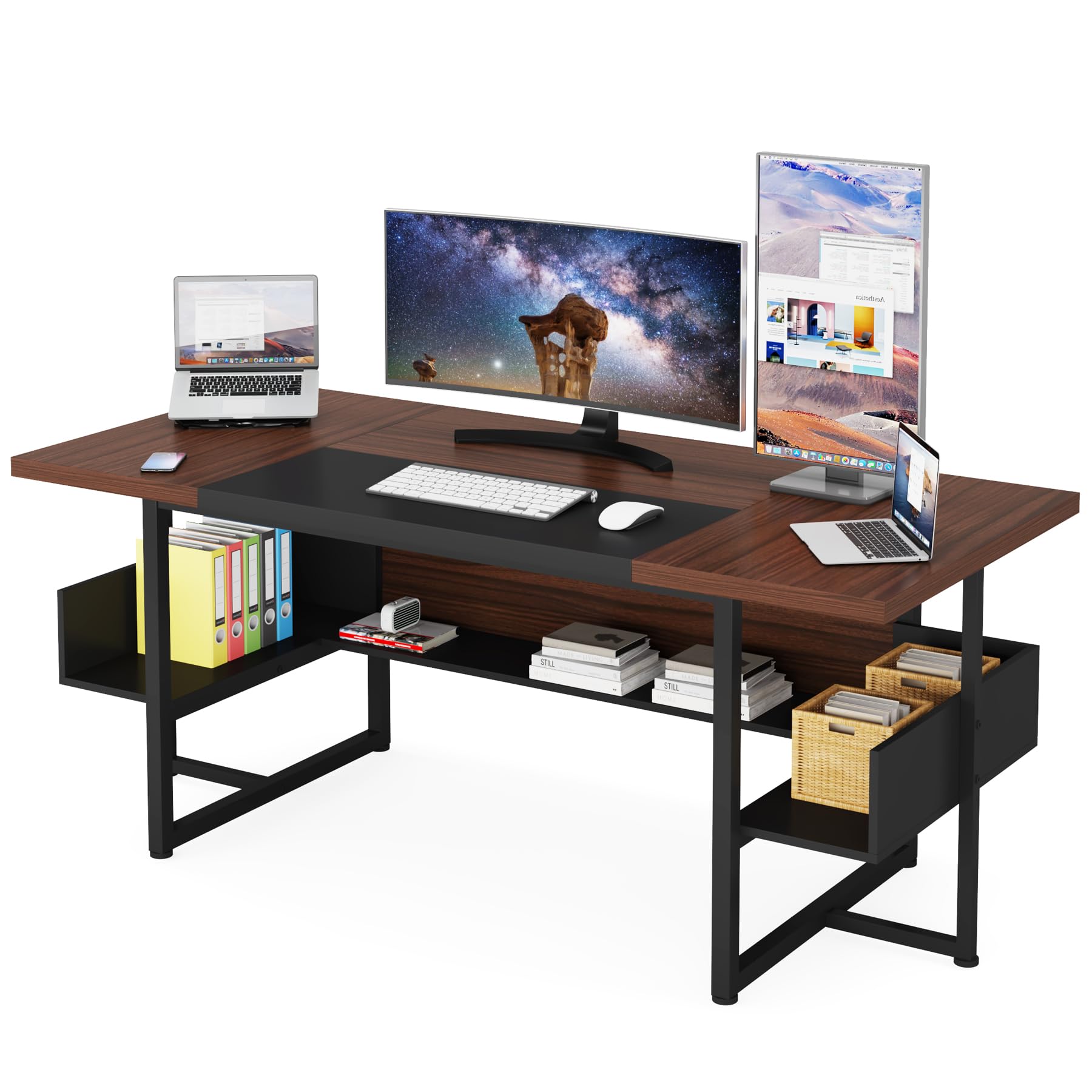 Tribesigns 62 Inch Big Computer Desk with Storage Shelves, Modern Executive Desk Workstation for Home Office Furniture, Walnut & Black