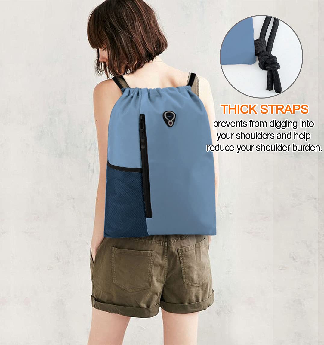 BeeGreen Blue Drawstrings Backpack Gym Sack For Men With Water Bottle Pocket &Front Zippered Pocket Large Sting Bags For WomenTraveling Yoga Beach Outdoor Gym