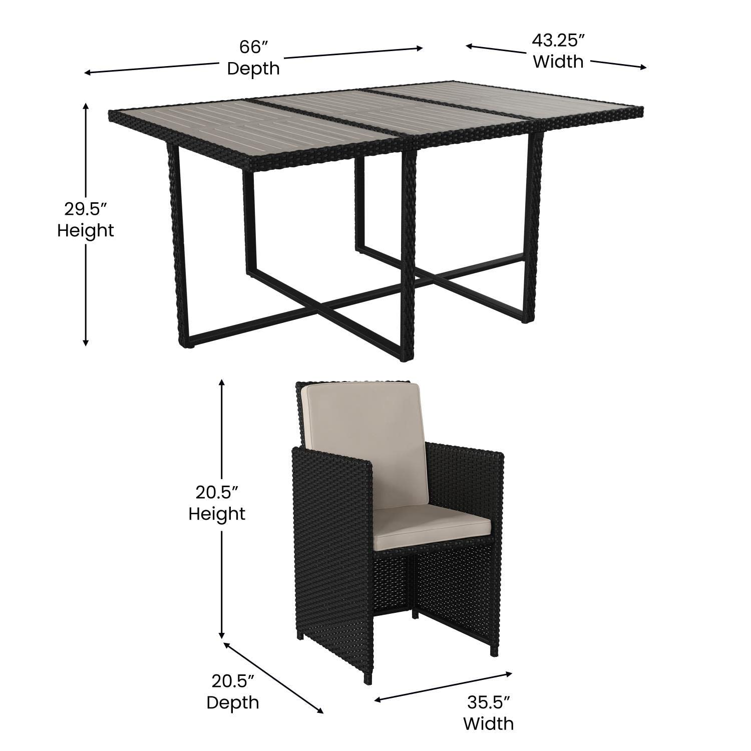 Flash Furniture Peregrine 7 Piece Outdoor Patio Dining Set - Space Saving Black Wicker Modular Chairs & Cream Cushions-Gray Finish Acacia Wood Table-Seating for 6
