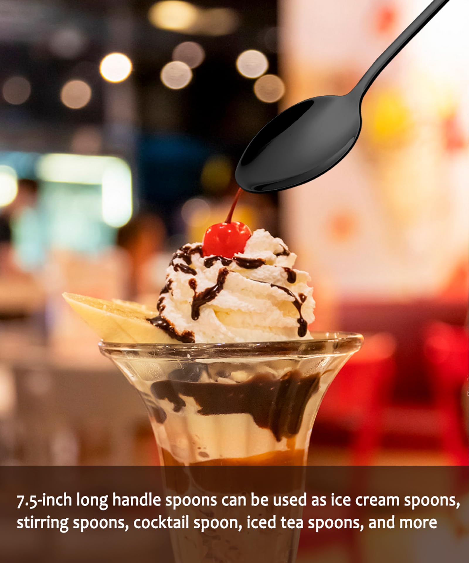 Lovingly Yours 7.5-Inch Long Handle Ice Tea Spoons, Ice Cream Spoons, Black Coffee Spoons, Long Spoons for Stirring, Stainless Steel Spoons for Dessert, Sundae, Shakes