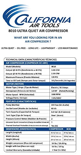 California Air Tools 8010 Steel Tank Air Compressor | Ultra Quiet, Oil-Free, 1.0 hp, 8 gal