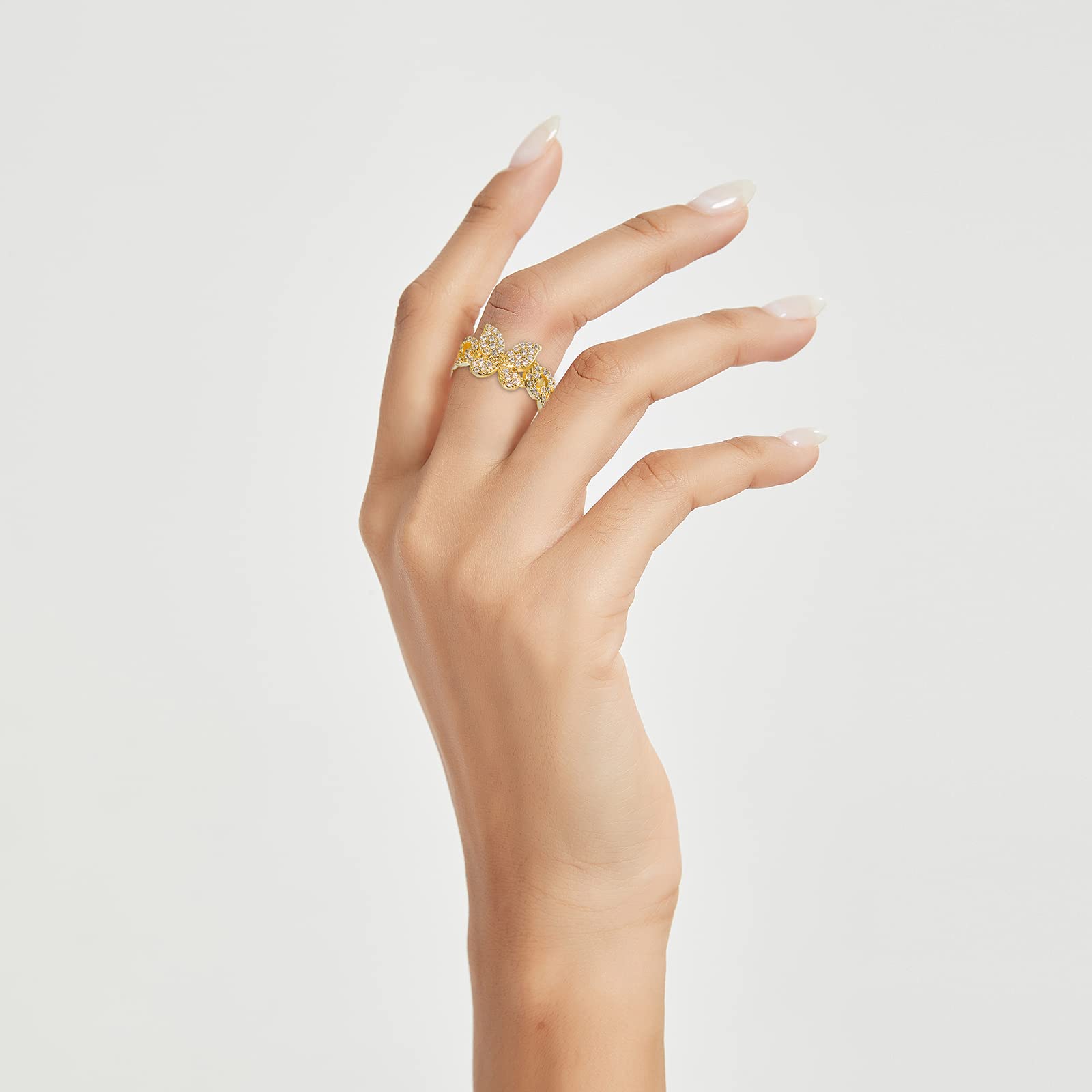 Butterfly Rings for Women 18K Gold Plated Cubic Zirconia Fashion Ring Gold Statement Chain Rings