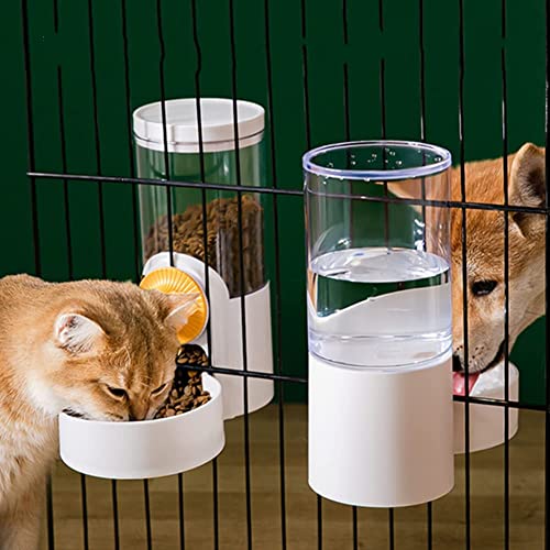 Dog Cage Automatic Kennel Feeder, Food and Water Dispenser Hanging Bowls for Cage Crate Kennel (White)