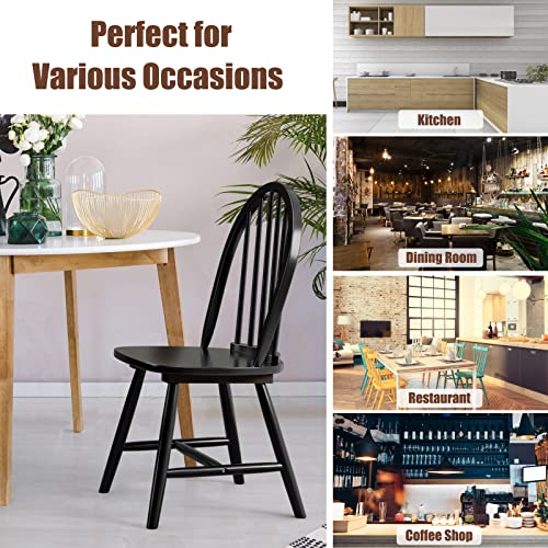 KOTEK Wood Dining Chairs Set of 4, Windsor Chairs with Spindle Back, Solid Wood Legs, Wide Seat, Farmhouse Armless Side Chairs for Living Room, Dining Room, Kitchen (Black)