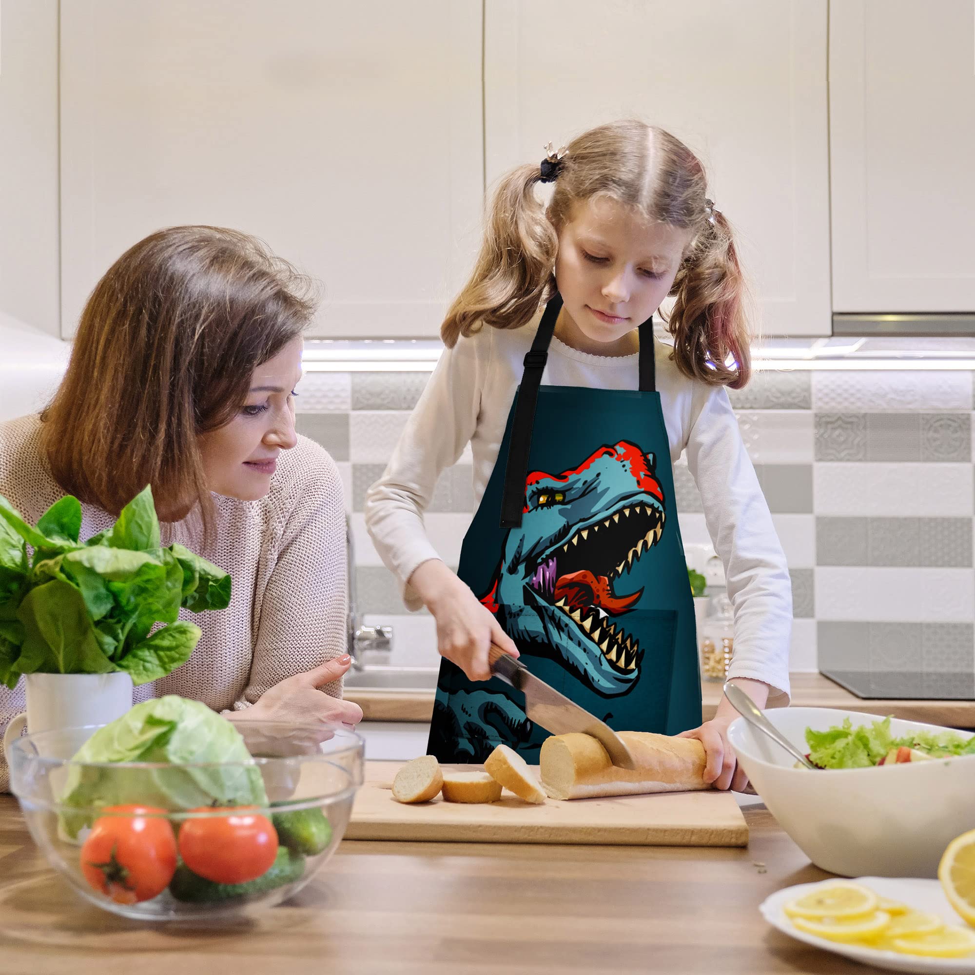 BeeGreen Kids Apron 2 Pack Cooking Aprons with Adjustable Strap Kids Kitchen Aprons with Front Pocket for Girls Toddler Painting Baking Artist Washable Foldable Lightweight (Dinosaurs+Space Planets)