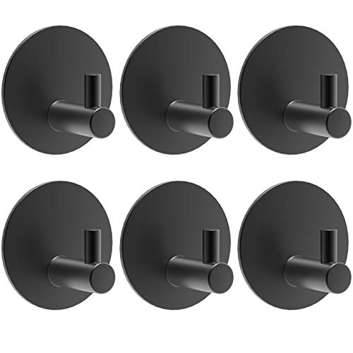 Kawlity Robe Towel Hooks, 6 Pack Strong Self-Adhesive Matte Black Towel Hooks, Heavy Duty Robe Towel Hooks Wall Mounted, Waterproof and Rustproof Stainless Steel Hooks for Bathrooms,Kitchen,Home