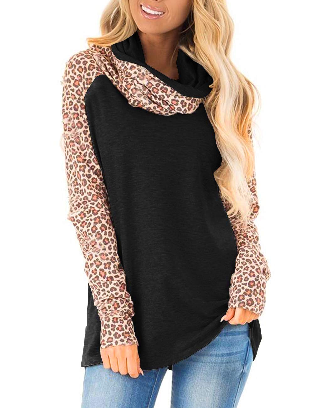 Blivener Women's Casual Sweatshirts Long Sleeve Leopard Print Tops Cowl Neck Raglan Shirts (Black, XL)