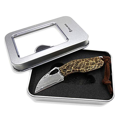 Cool Hand 2'' EDC Flip Joint Folding Knife, Small Pocket Knives w/ 1.25'' VG10 Damascus Steel Blade, Brass Handle w/Leather Lanyard,Tin Box Packaging