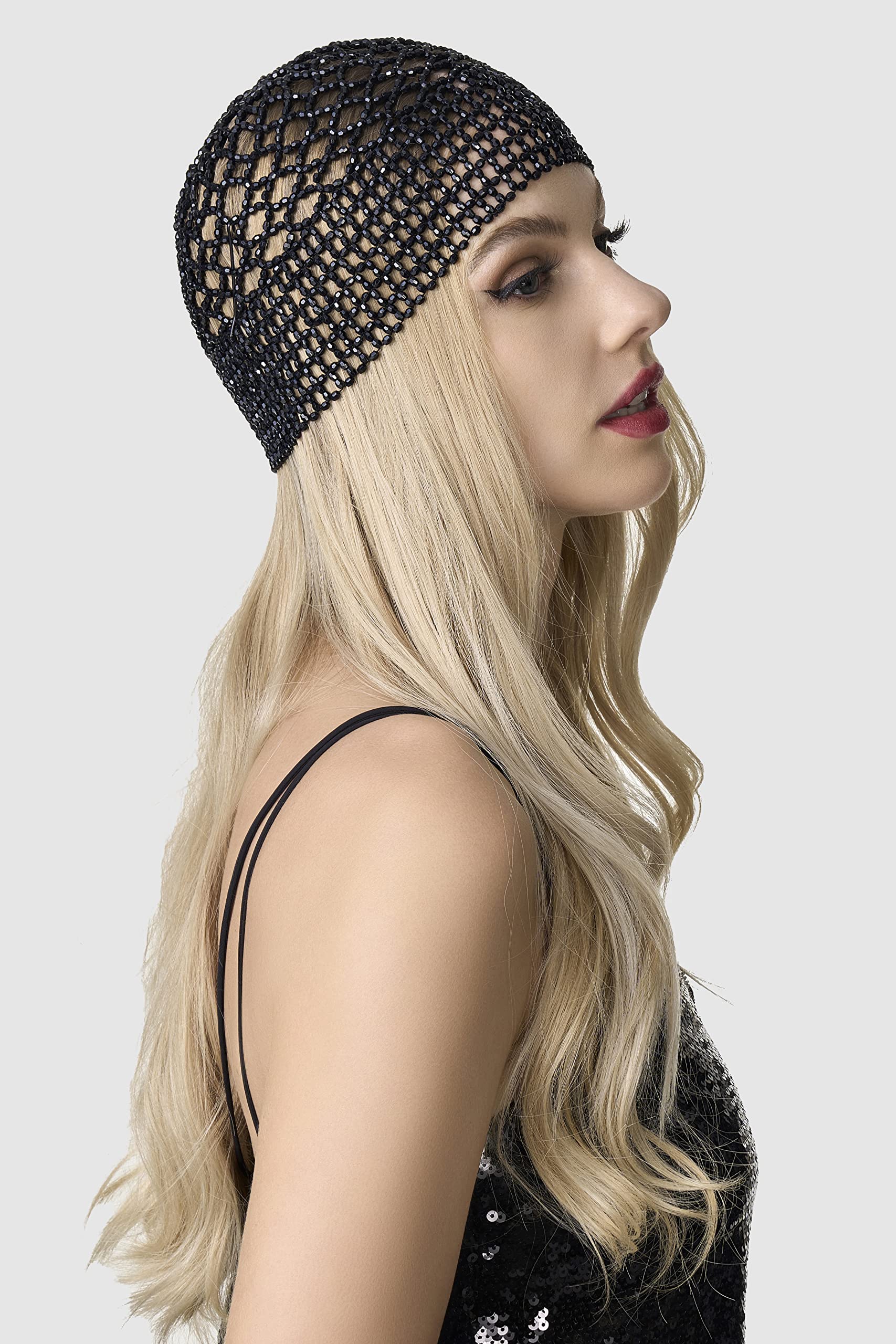 BABEYOND 1920s Beaded Cap Headpiece Belly Dance Cap Exotic Cleopatra Headpiece for Gatsby Themed Party (Black)