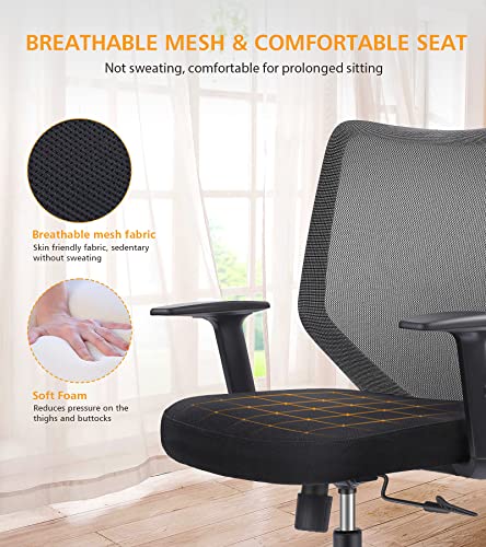 Desk Chair Ergonomic Office Chair with Adjustable Armrests, Reclining Tilt Function & Breathable Mesh Mid Back Home Office Chair with PU Wheels, Computer Task Chair with Lumbar Support & Arms (Black)