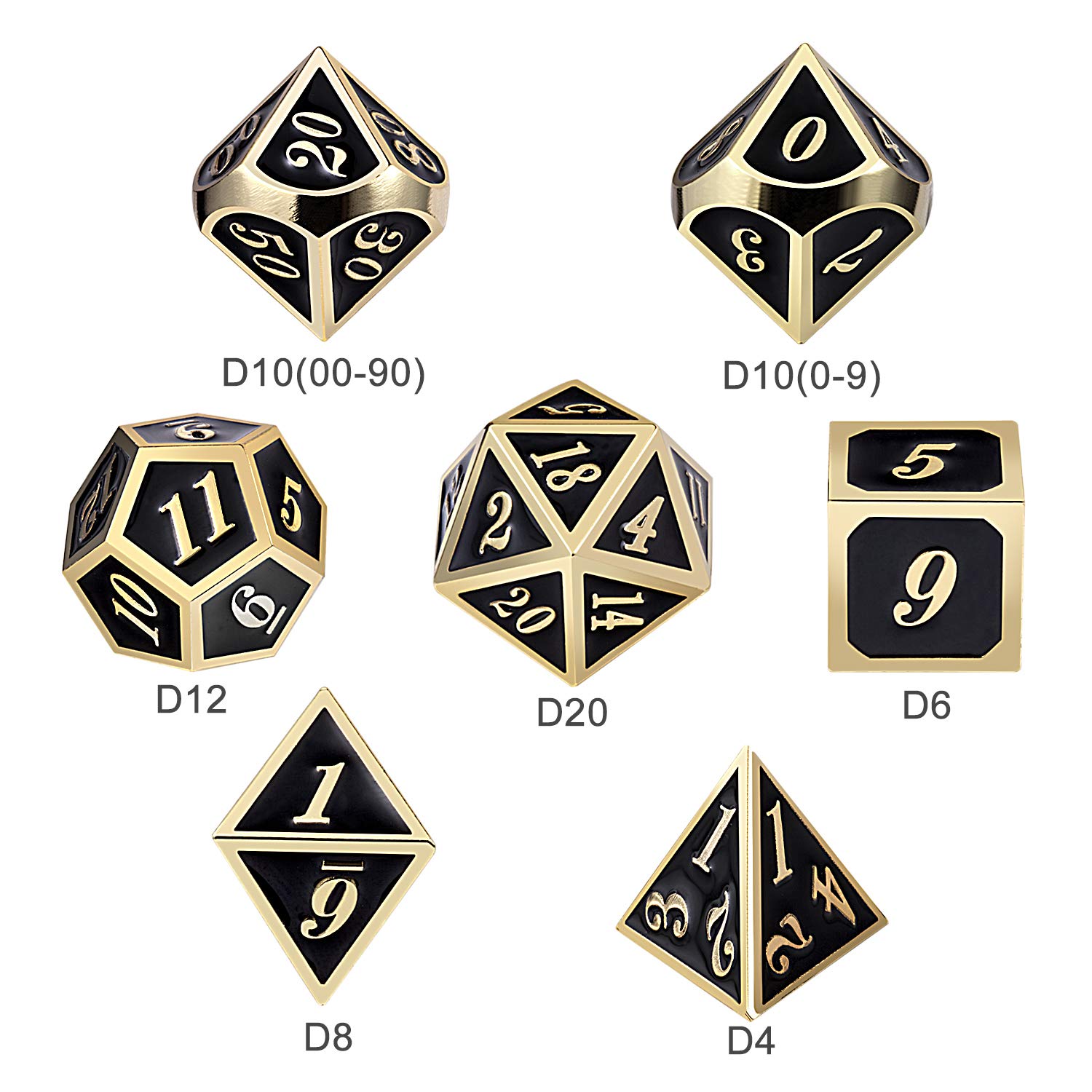 DNDND Metal Dice Set D&D, 7 die Metal Polyhedral Dice Set with Gift Metal Box and Gold Number for DND Dungeons and Dragons Role Playing Games (Black and Gold)