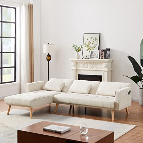 L-Shaped Sofa Bed, 94 Inch Sectional Sofa Corner Couch Sleeper w/Lounge Chaise and Side Pocket for Living Room (Left Side Lounger)