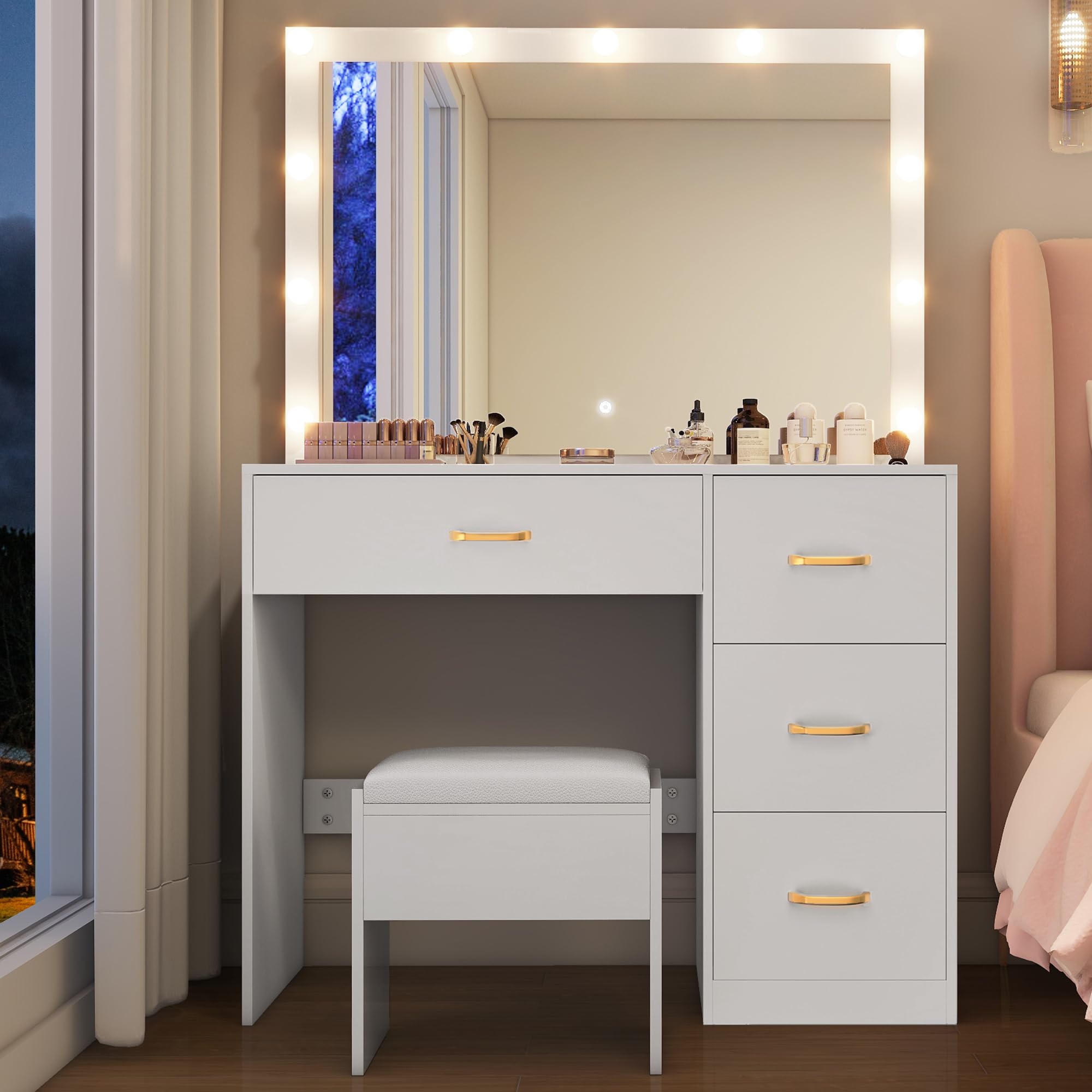 DWVO Makeup Vanity with Lighted Mirror, Vanity Desk with Power Strip, Adjustable Lighting, 4 Drawers, and Cushioned Stool for Bedroom, Dressing Room