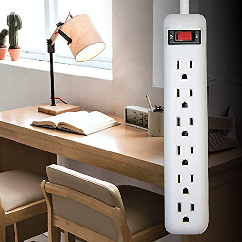 Clear Power 6 Outlet Power Strip 3 ft Power Cord, Low-Profile Flat Plug, 3-Prong Grounded, White, 15 Amp Circuit Breaker, 2 Pack, DC3S-00222P-DC