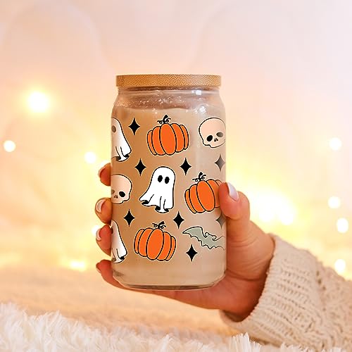 Coolife Halloween Pumpkin Ghost Skull Cups - 16 oz Pumpkins Fall Cup Mug, Can Shaped Tumbler Glass Cups w/Bamboo Lids Straws, Halloween Spooky Cups for Iced Coffee Smoothie, Goth Spooky Gifts for Her