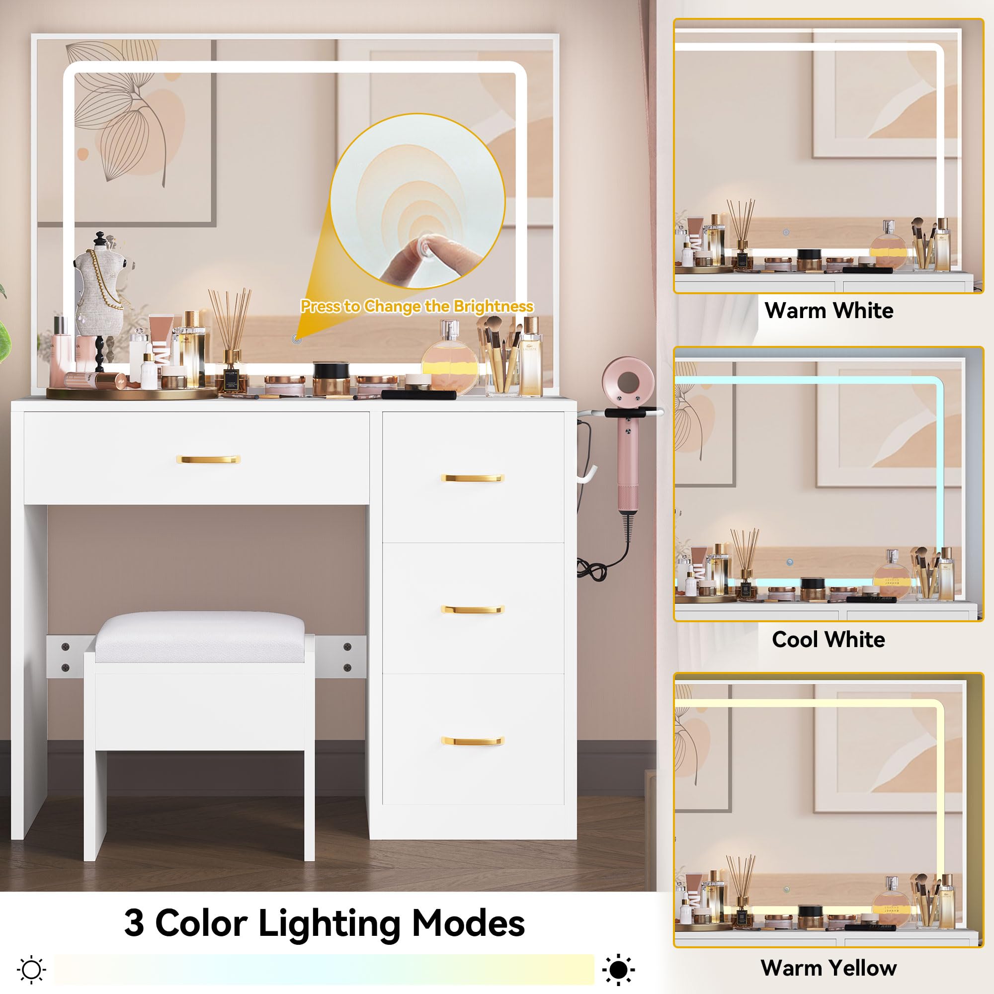 DWVO Makeup Vanity Set with Large LED Mirror, Power Outlet, 3 Adjustable Color Lighting Modes, Modern Vanity Table with 4 Drawers and Cushioned Stool