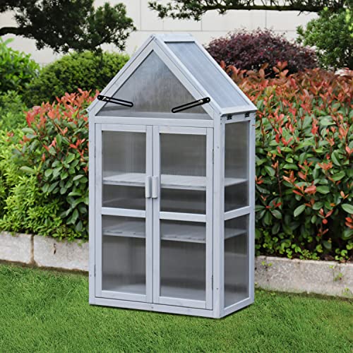 DHPM Greenhouse Cold Frame, Wooden Garden Raised Shelf Planter Mini Portable Stand Kit Indoor Plant Cabinet Triangular Top Grow Protection for Outdoor Patio Balcony Garden Backyard, 27"x 16"x 52" H