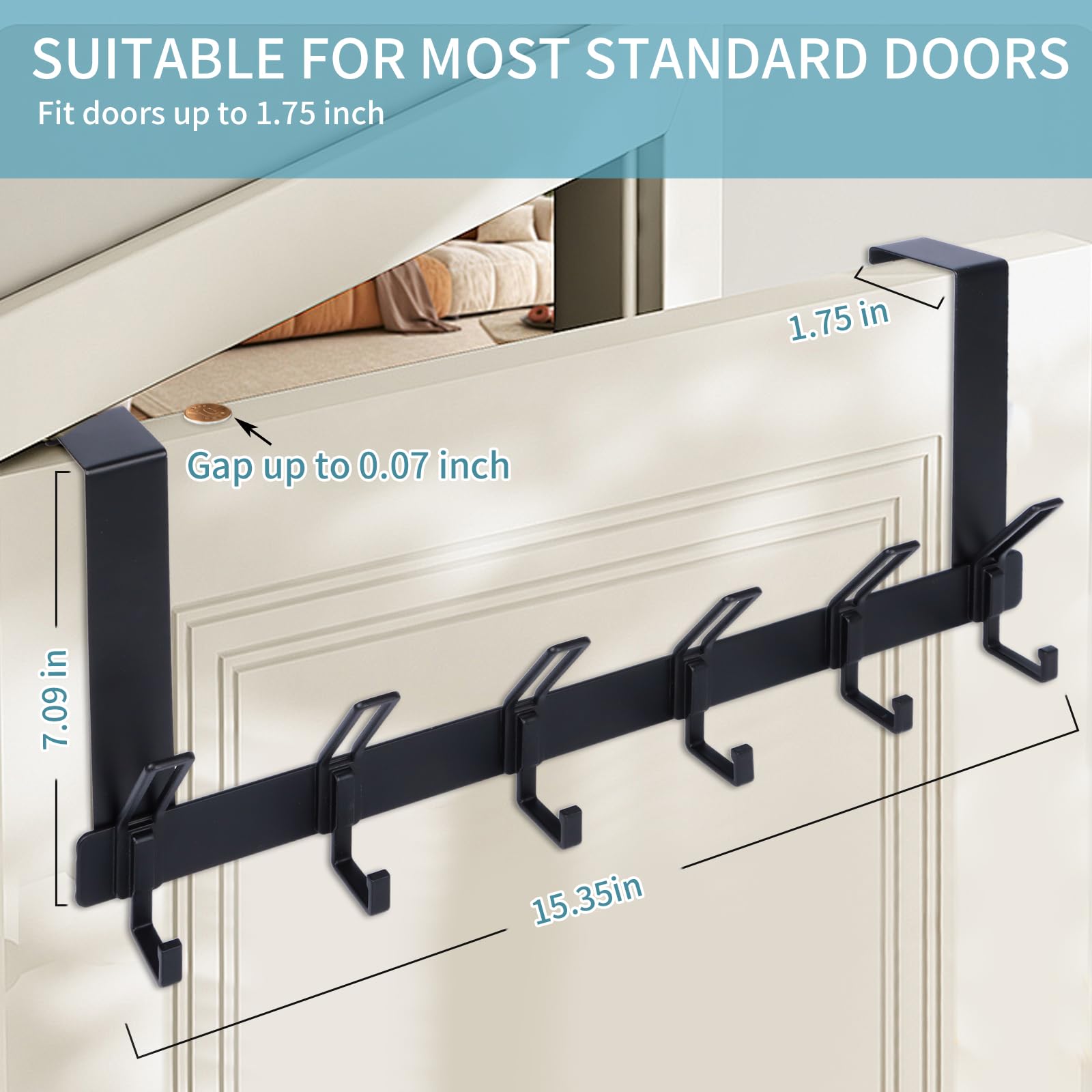 BWVWEU Behind Door Hooks,Door Back Hooks with Six Double Hooks for Living Room, Bathroom, Bedroom, Kitchen Hanging Clothes, Towels, Hats (Black 2 Pack)