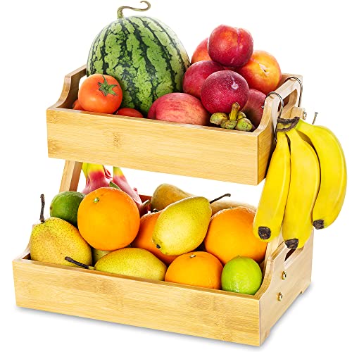 ETECHMART Bamboo Fruit Basket, 2 Tiers Fruit Bowl For Kitchen Counter, Large Capacity Detachable Vegetable Bread Storage Basket Banana Holder Stand
