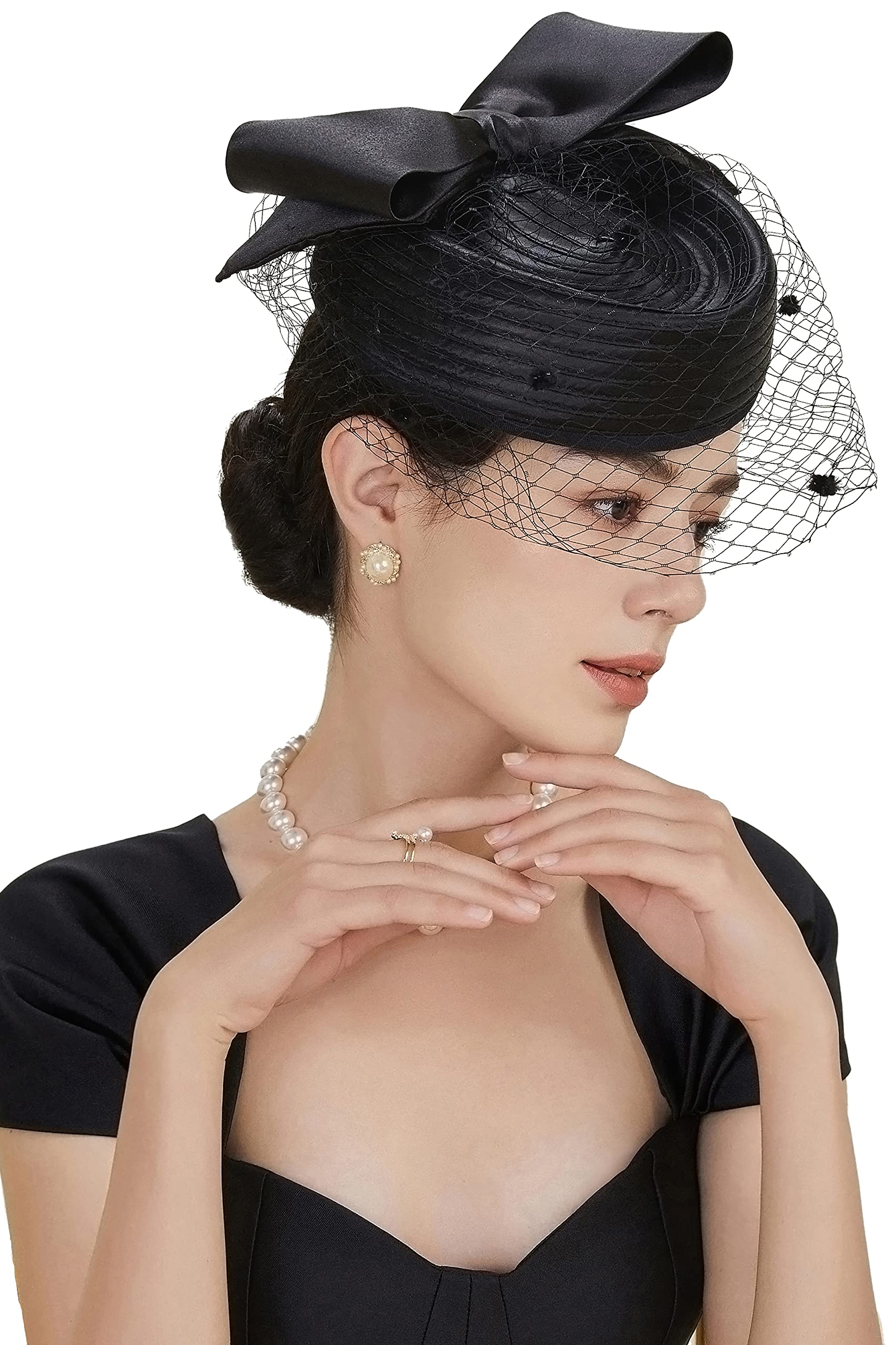BABEYOND Kentucky Derby Hat Fascinator for Women Tea Party Veil Fascinator Hat Pillbox Hat Fascinator (Black)
