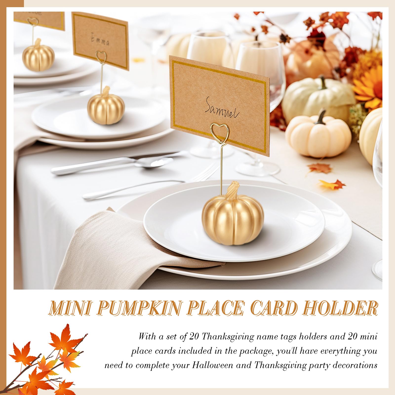 Qeeenar 20 Sets Thanksgiving Pumpkin Place Card Holders Fall Paper Name Cards for Table Setting, Resin Thanksgiving Table Decor Mini Pumpkin Table Number Holder for Wedding Thanksgiving Party(Orange)