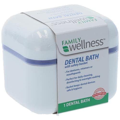 Family Wellness Denture Case, Denture Cup with Strainer Safety Basket, And Denture Brush, For Dentures, Restrainers, Or Mouthguards