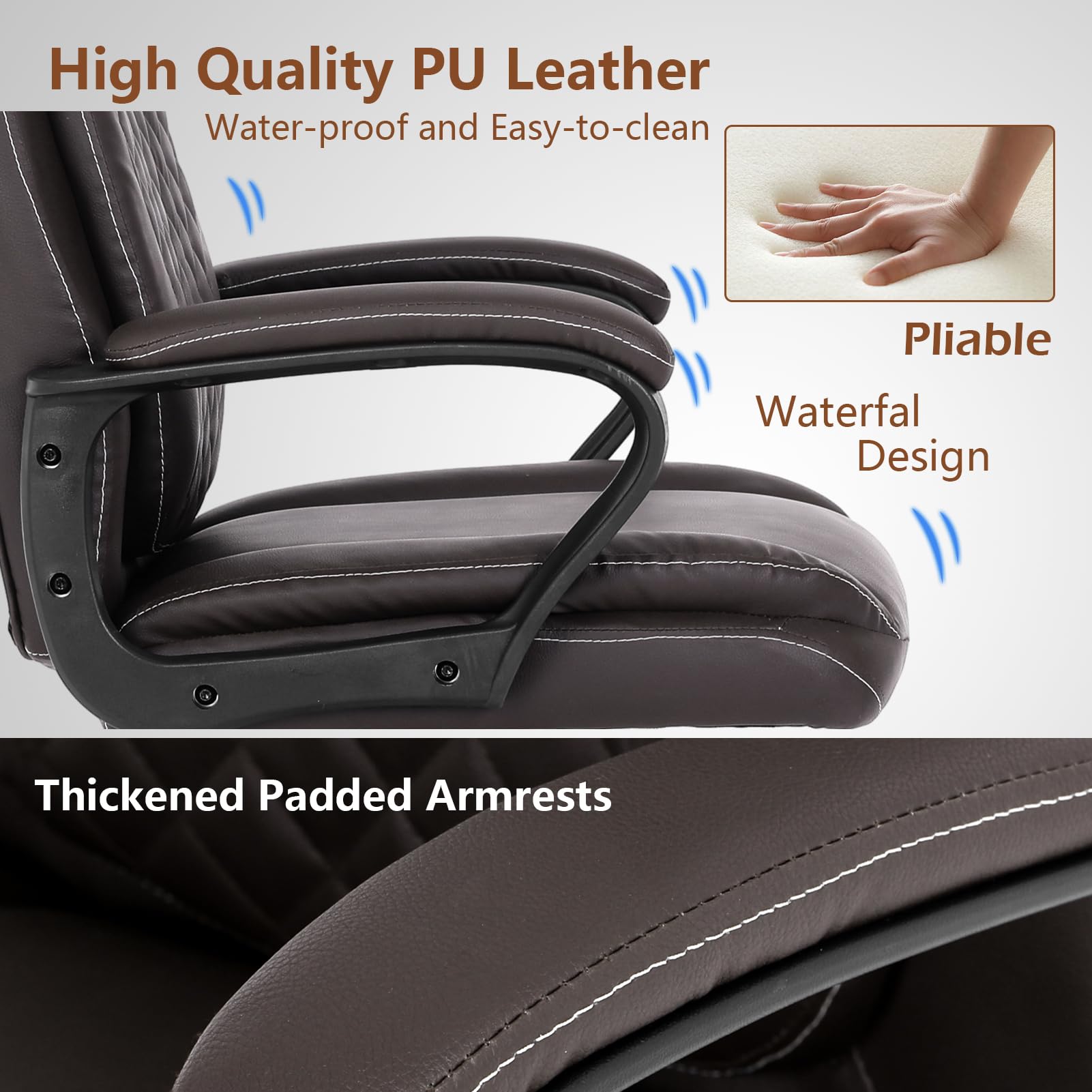 Bioopts Ergonomic Office Chair Executive Seat Upholstered Task Chair High Back Armrests Lumbar Support Adjustable Height Reclining 360 Degree Swivel PU Leather