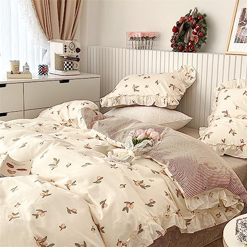 JamChe Lovely Pastoral Style Ink Paint Embroidered Flower Ruffle Lace Bedding 100% Cotton Quilt Cover Sheet Four Piece Set,L,14,Queen 180cm Bed 4pcs