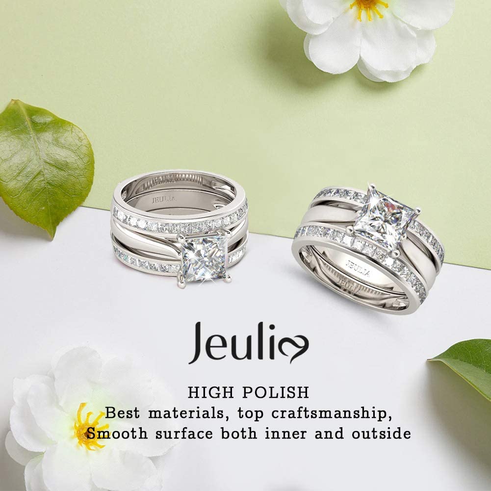 Jeulia 4.37 Carat Pricess Cut Cubic Zirconia Engagement Ring Diamond Wedding Bands for Women CZ Solitaire Sterling Silver Anniversary Bridal Promise Rings Set (7)